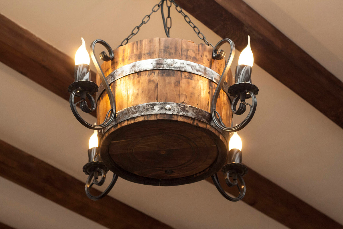 Wine barrel chandelier - Rustic ceiling light - Wood and wrought iron ...