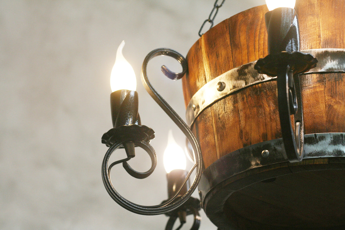 Wine barrel chandelier - Rustic ceiling light - Wood and wrought iron ...