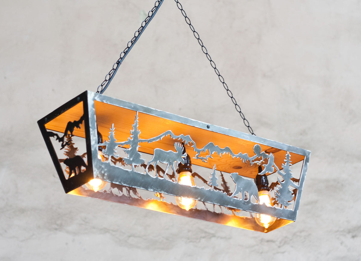 Rustic three lights fixture - Moose and bear - Cabin wildlife light fi ...
