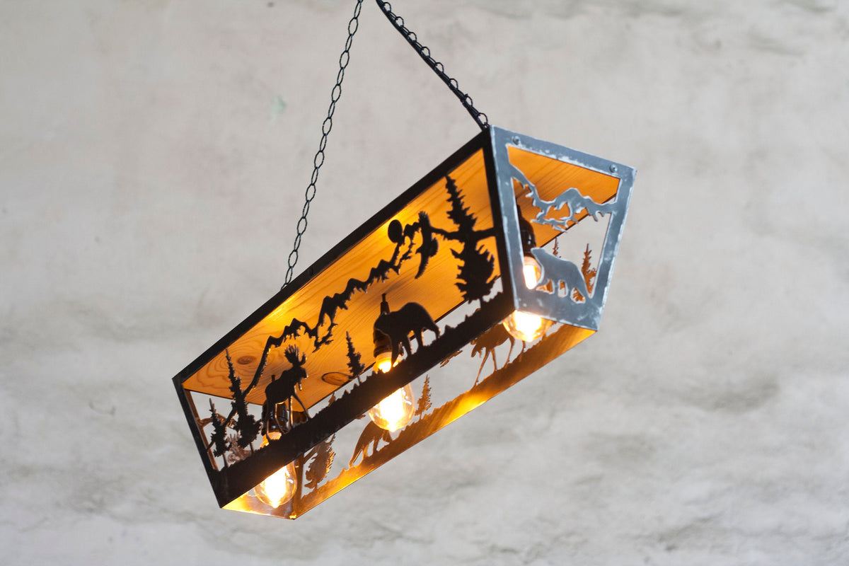 Rustic three lights fixture - Moose and bear - Cabin wildlife light fi ...